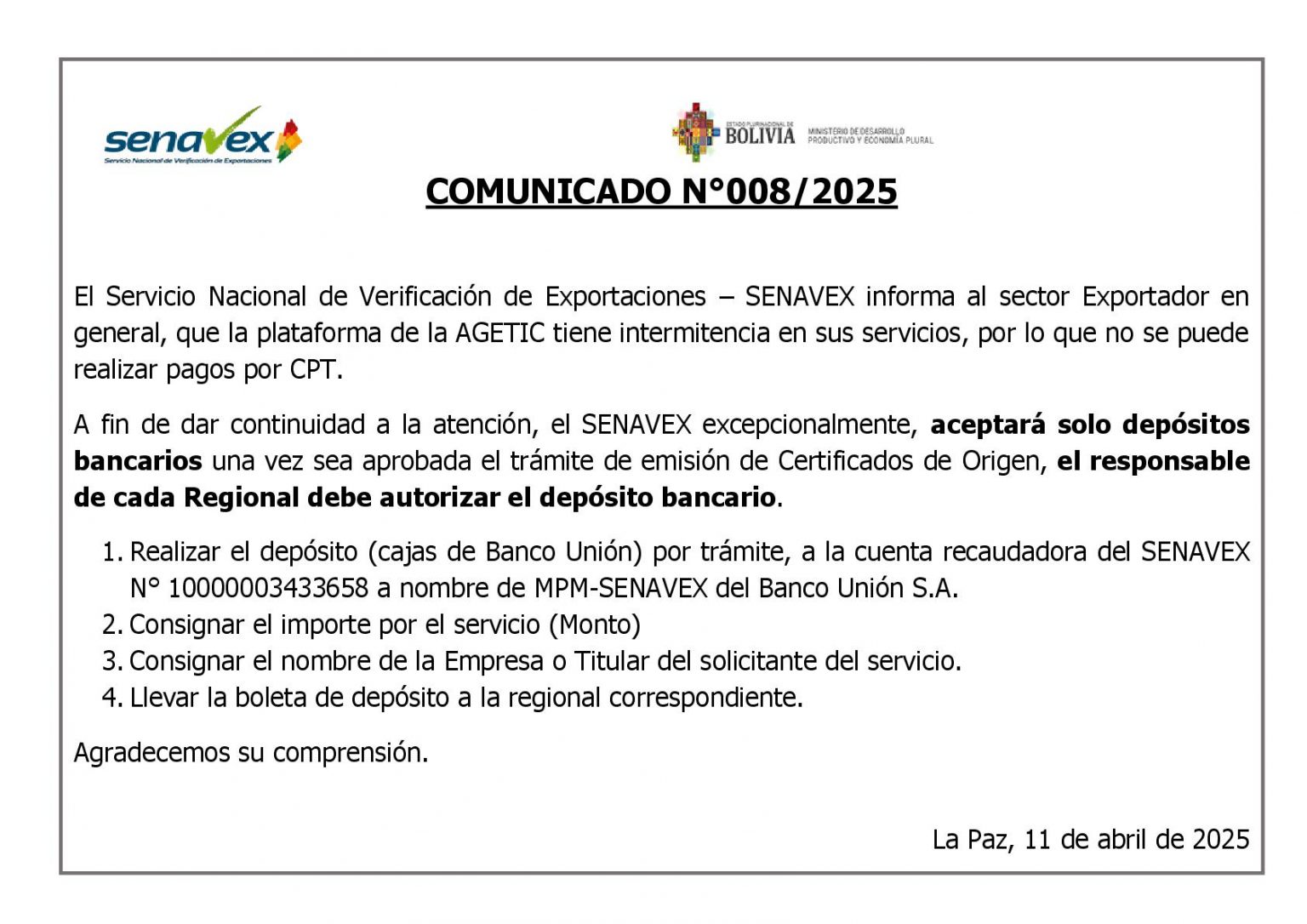 Comunicado N° 008/2025 – Senavex