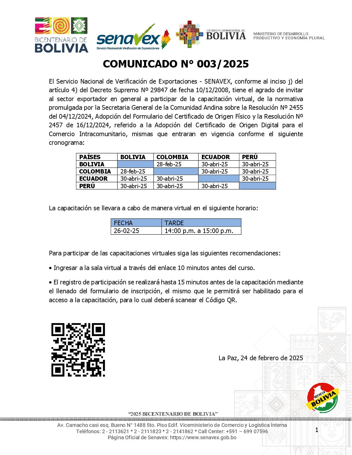 Comunicado N° 003/2025 – Senavex